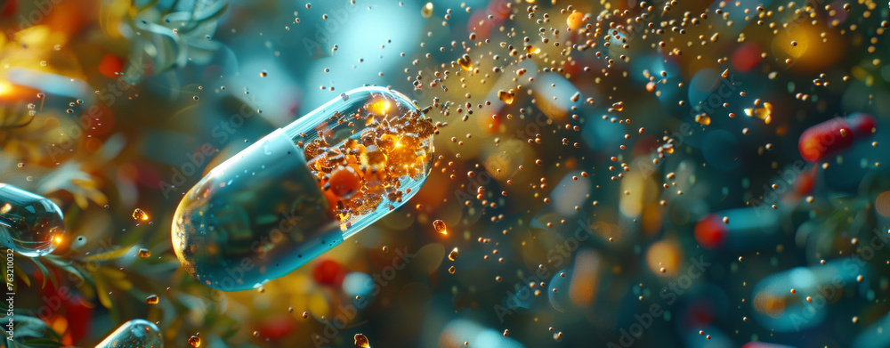 Vitality in a Capsule: Microscopic Medicinal Breakthrough. A close-up ...
