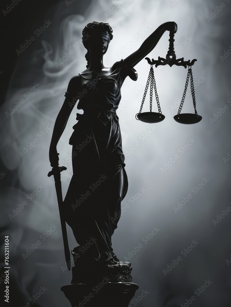 Silhouette of Lady Justice statue shrouded in mist - The iconic Lady ...