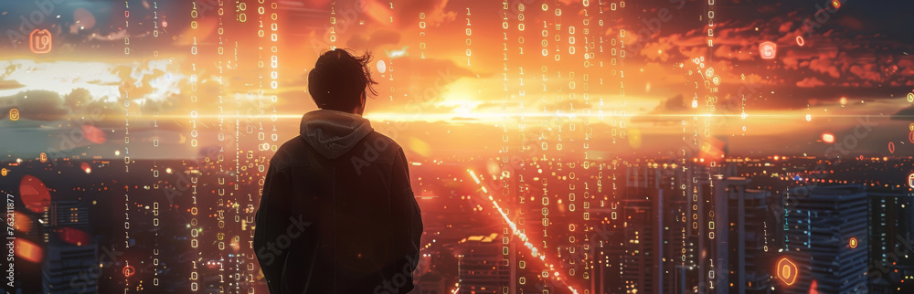 Digital Dreamscape: Man Overlooking Cyber Sunset City. Back view of a ...