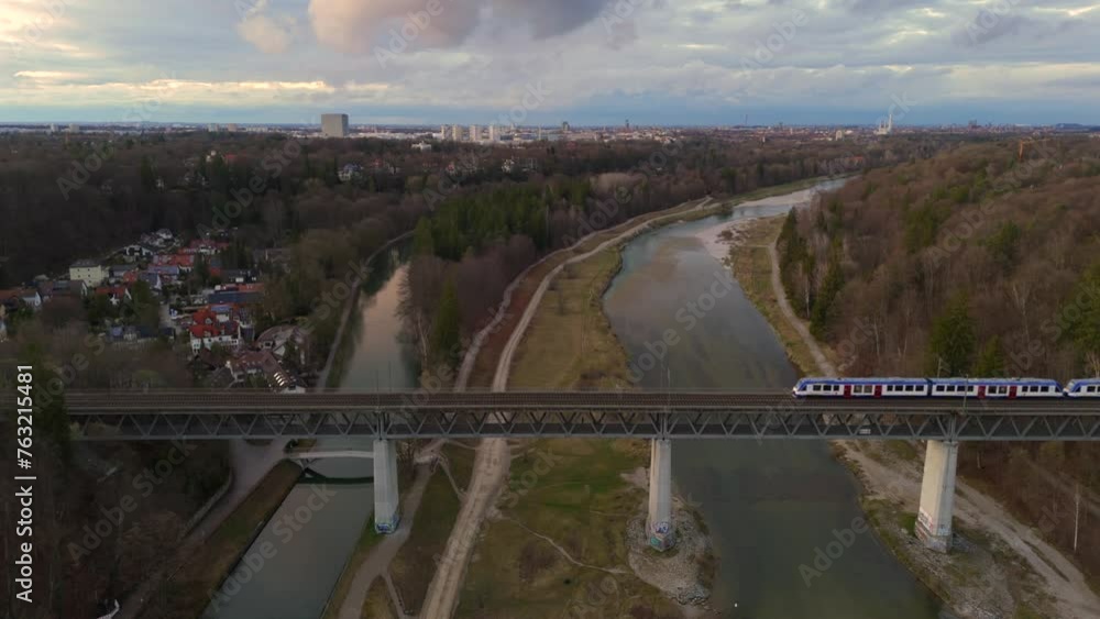 Grosshesseloher Brucke on Isar River in Munich, Germany aerial view ...