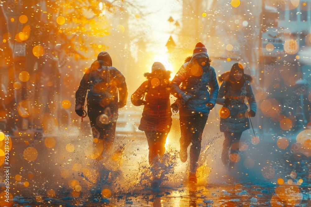 the frantic energy of corporate professionals sprinting through a ...