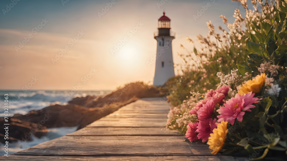 Panoramic view of a beautiful lighthouse with flowers by the ocean on a ...