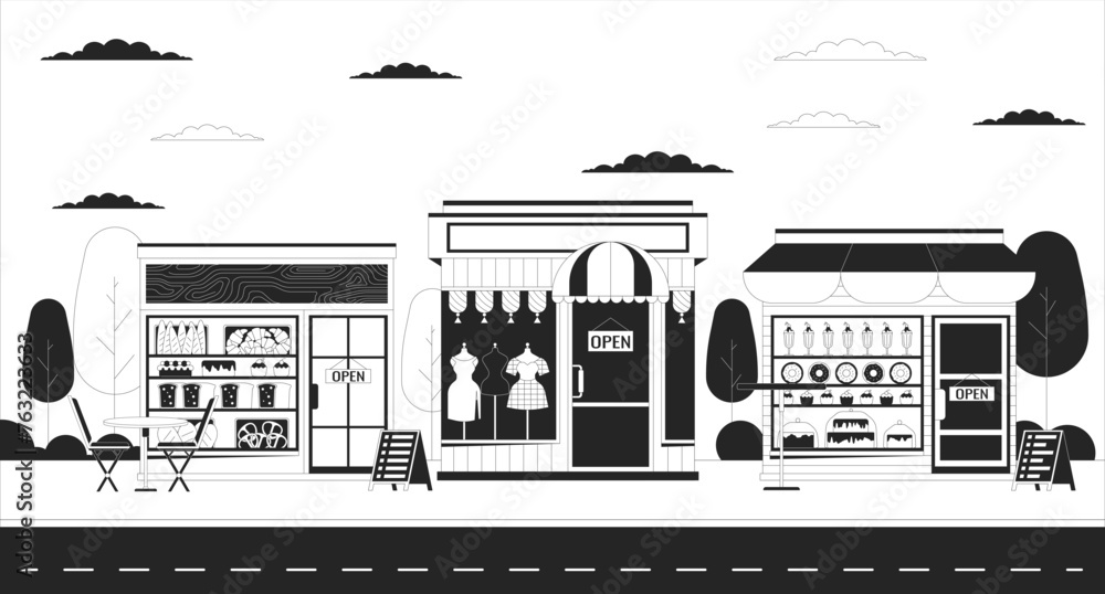 Small businesses black and white line illustration. Visit local shops ...