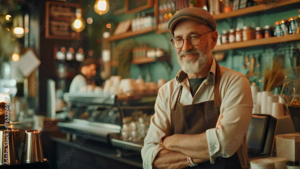 The middle-aged baristas, dressed in their uniforms, are warmly ...