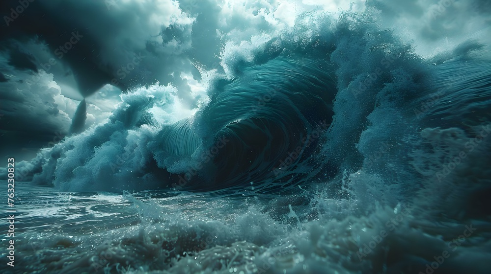 D rendering of massive tsunami waves in stormy weather with tornado in ...