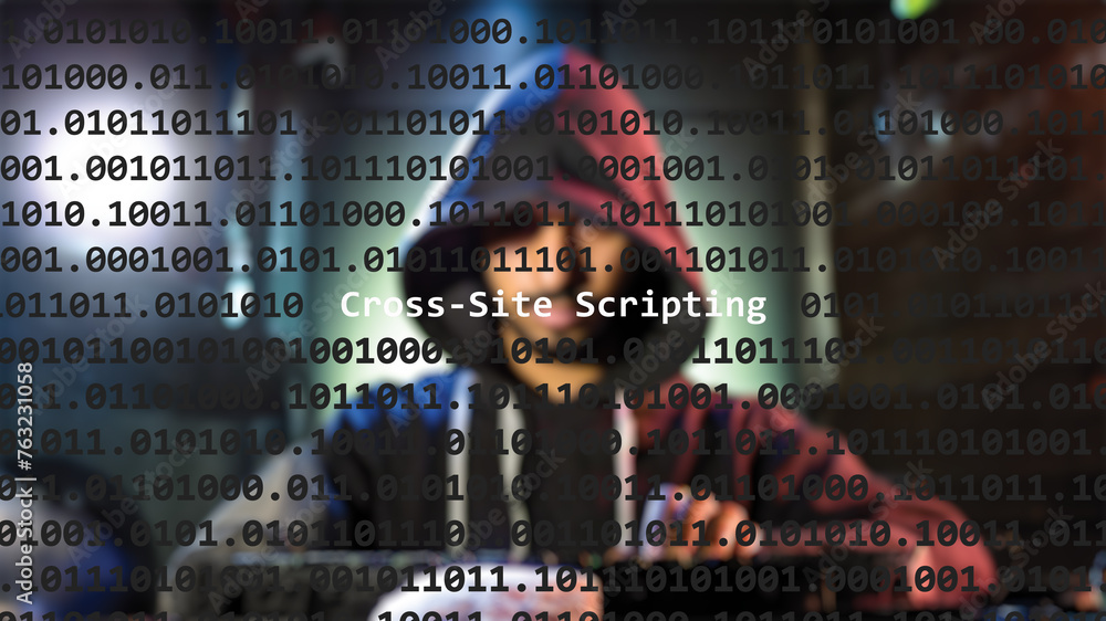 Cyber Attack Cross Site Scripting Text In Foreground Screen Anonymous Hacker Hidden With Hoodie