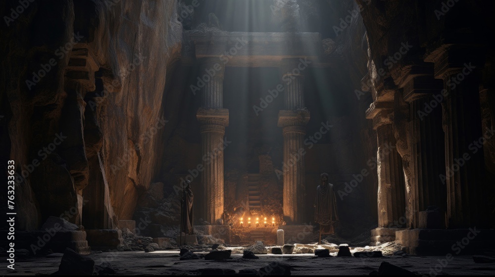 Greek temple in cave altar lit by penetrating sunlight beam Stock ...