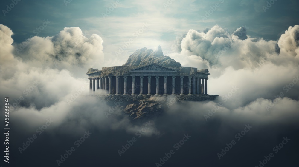Ethereal Greek temple atop floating island clouds and mystery abound ...