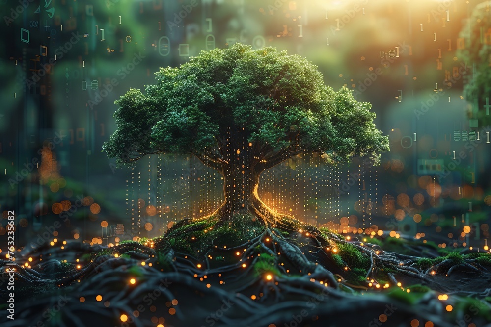 A tree growing in the ground with digital icons and data flowing from ...