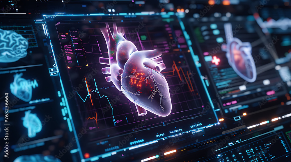 Heart hologram, check test results on virtual interface, and analyze ...