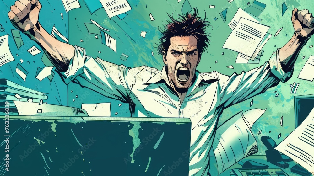 Angry man at desk with papers flying around - An illustration of a ...