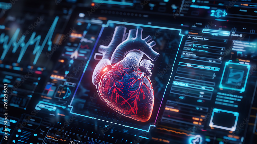 Heart hologram, check test results on virtual interface, and analyze ...