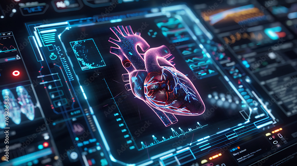 Heart hologram, check test results on virtual interface, and analyze ...