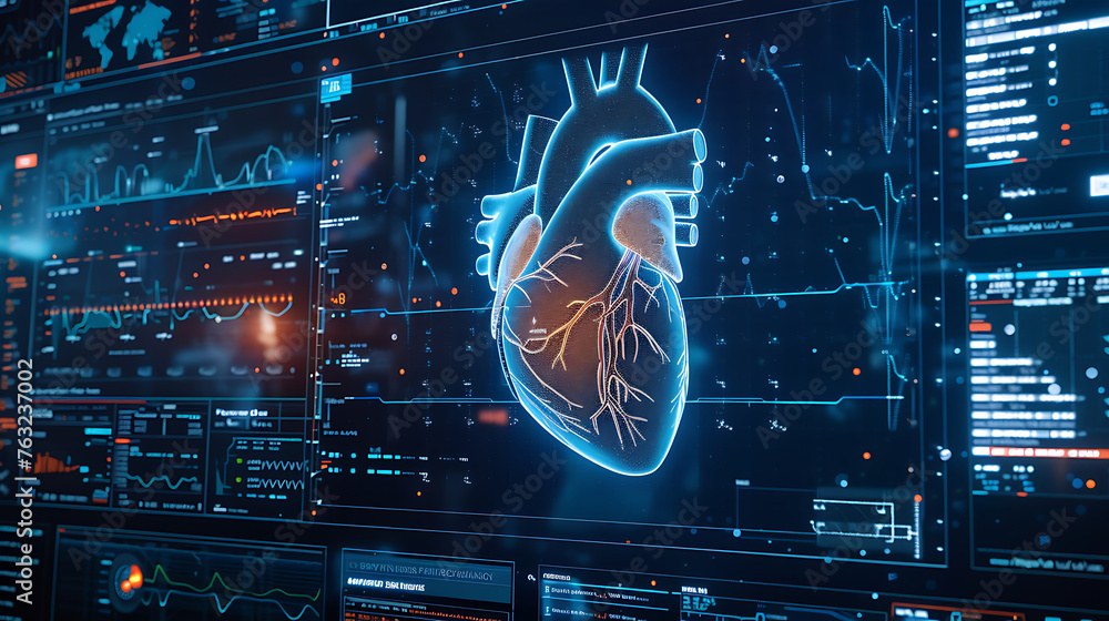 Heart hologram, check test results on virtual interface, and analyze ...