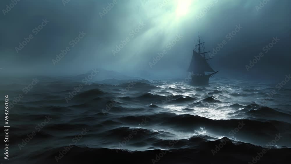 Vidéo Stock Enveloped by the inky blue of the ocean a lone vessel ...