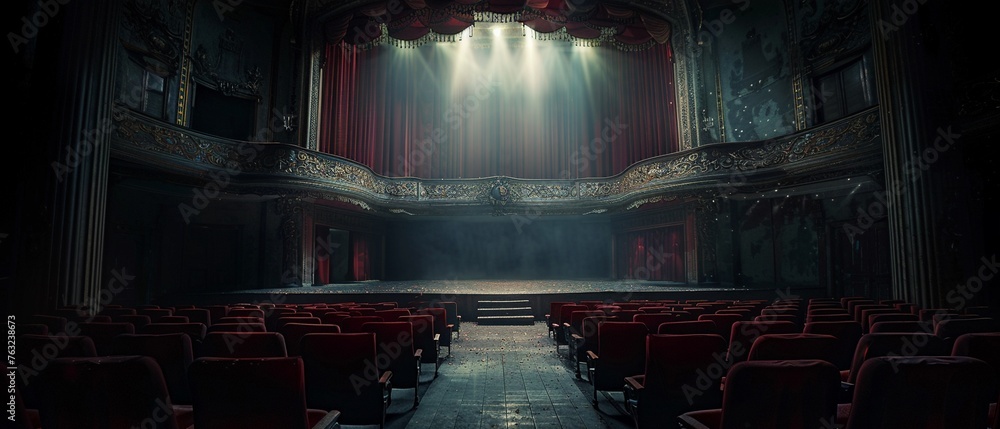 A darkened stage with an eerie sense of anticipation, as if waiting for ...