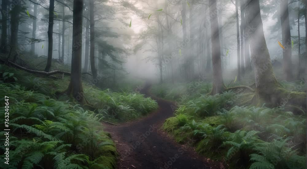 Wander along the fog-laden path deep within the forest, surrounded by a ...