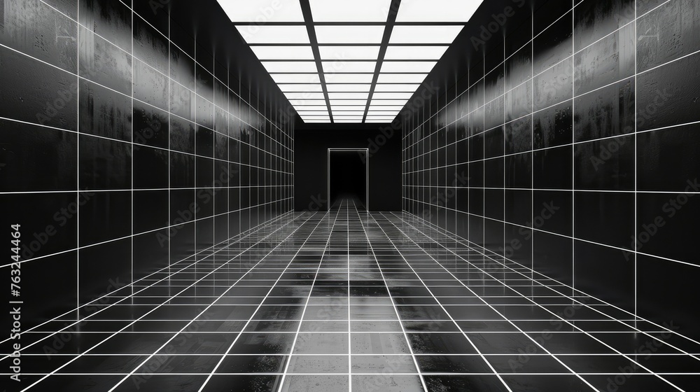 The black inside of a 3D box, with white gridlines on the inside walls ...