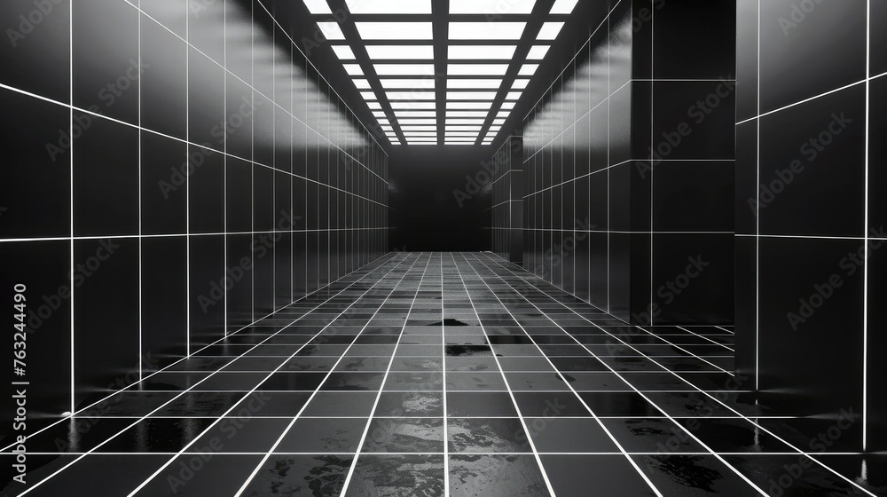 The black inside of a 3D box, with white gridlines on the inside walls ...