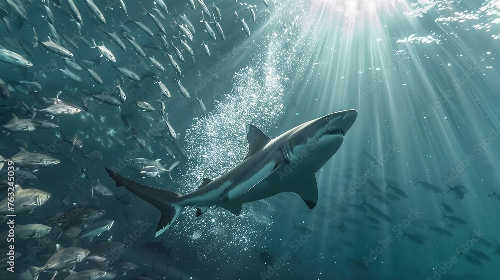 a formidable shark lunging from the depths to seize a school of smaller ...