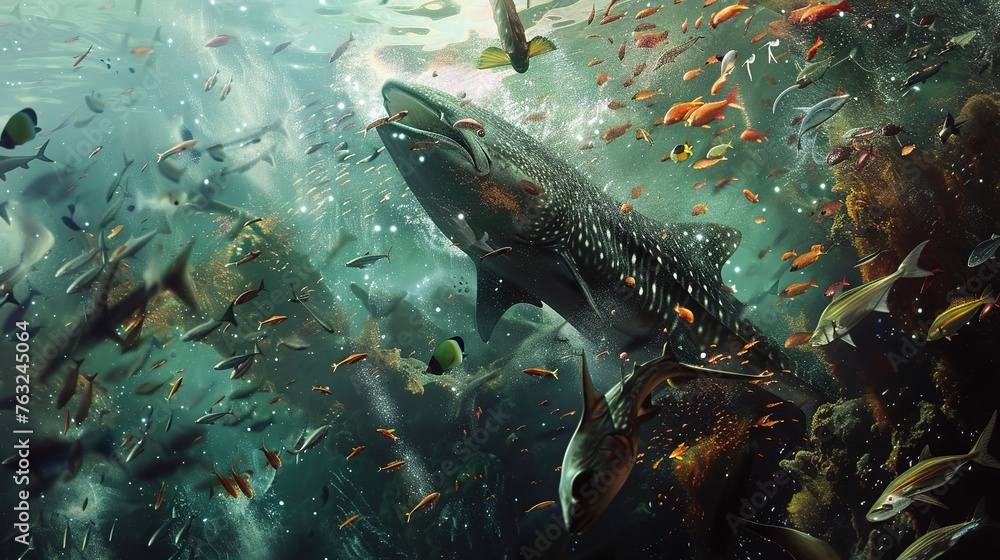 a formidable shark lunging from the depths to seize a school of smaller ...
