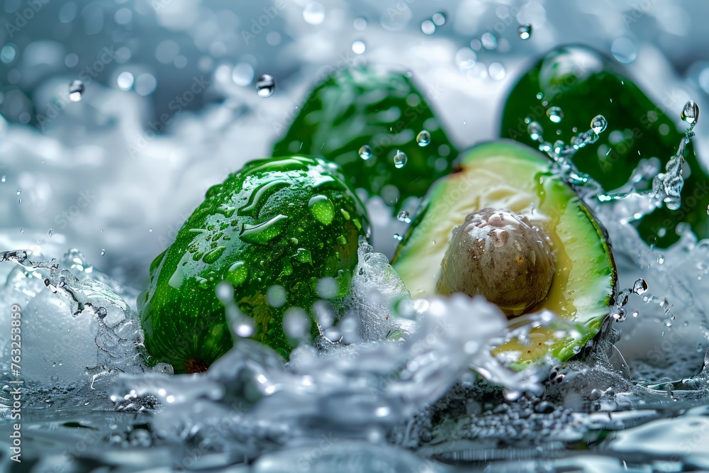 Fresh Avocados Splashing in Water with Vivid Green Leaves and Dynamic ...