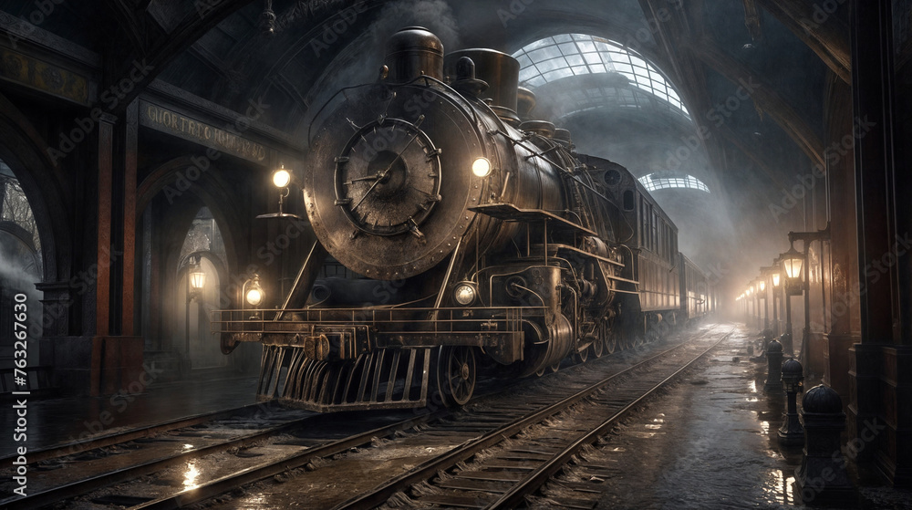 Gothic apocalyptic scene featuring a large steam locomotive at a ...