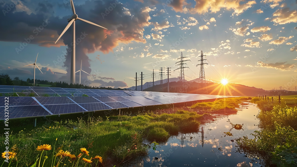 Hybrid Renewable Power Plant: Wind Turbines and Solar Panels Amidst a ...