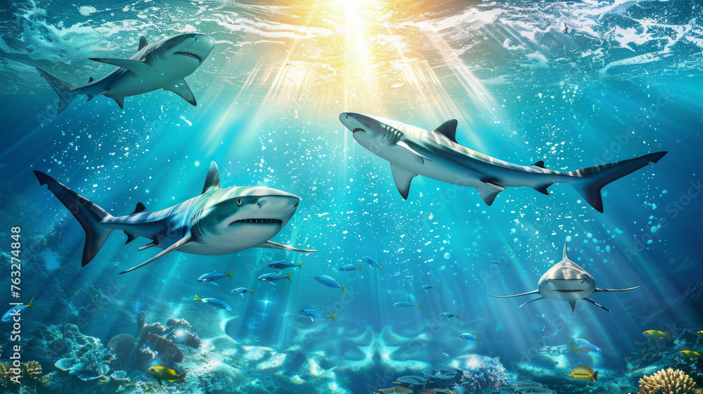 Four sharks are swimming under the ocean Stock Photo | Adobe Stock