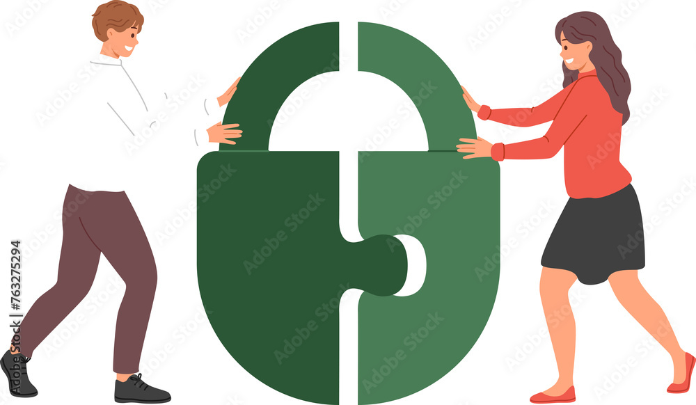 Teamwork of business people putting together locker from puzzle and ...