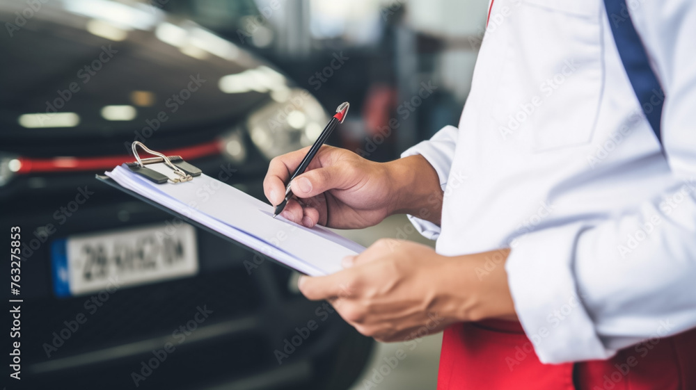 Mechanic making notes in his check list on black car at garage. Stock ...