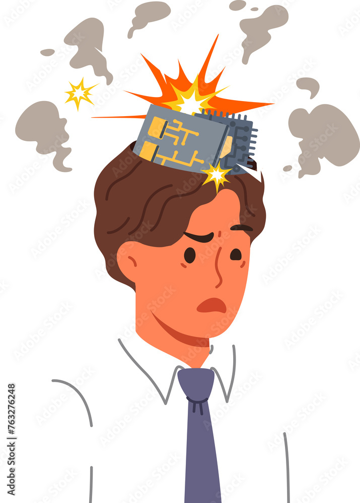 Man Robot With Exploding Computer Boards In Head Due To Overload With Work Tasks Bionic Robot