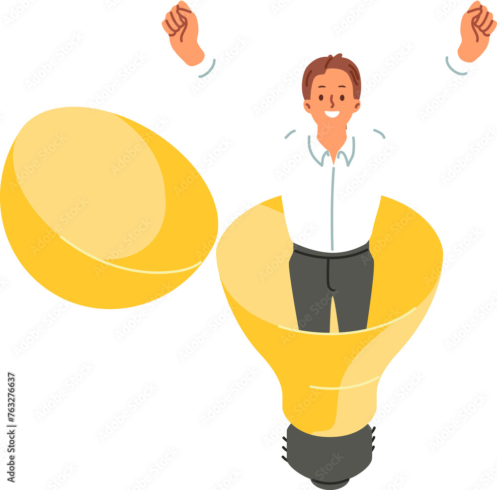 Happy businessman stands inside light bulb, raising hands up and ...