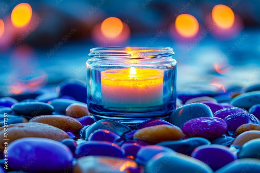 Candle lite in glass jar surrounded by rocks and boulders with fairy ...