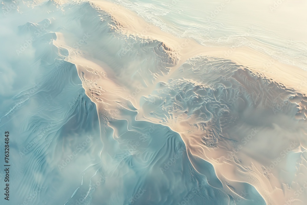 Aerial view of a digital landscape, simulating sand dunes with soft ...