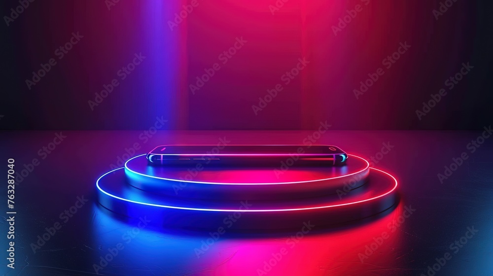Realistic neon podium scene for product display or presentation ...