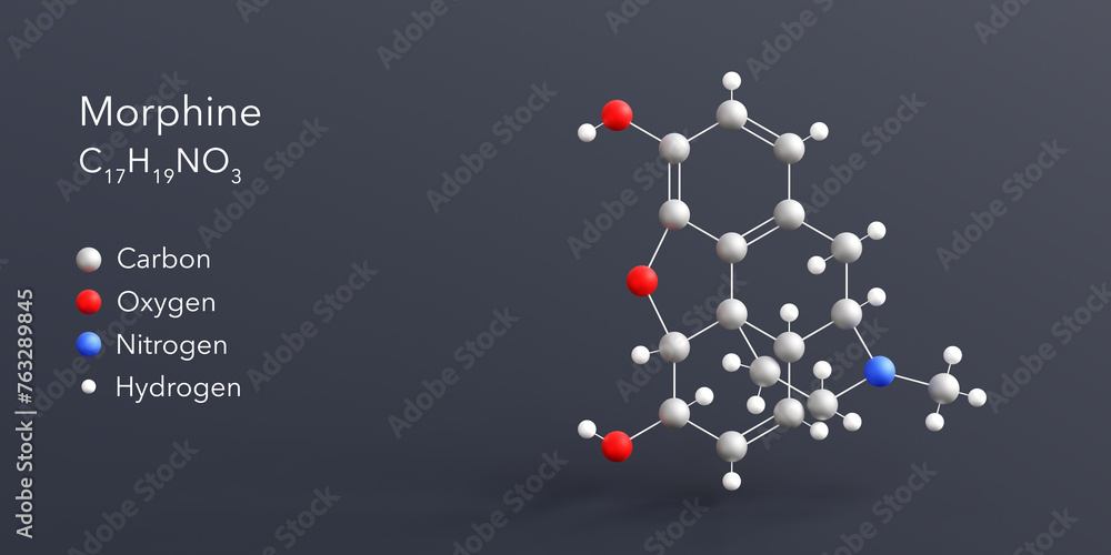 morphine molecule 3d rendering, flat molecular structure with chemical formula and atoms color ...