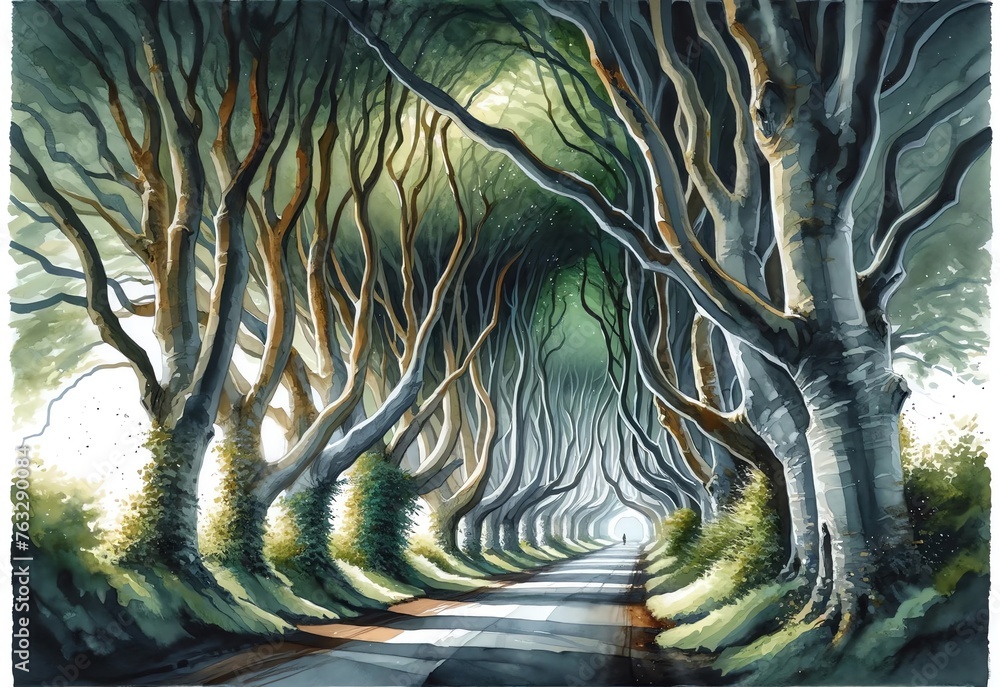 Watercolor painting of The Dark Hedges Stock Illustration | Adobe Stock