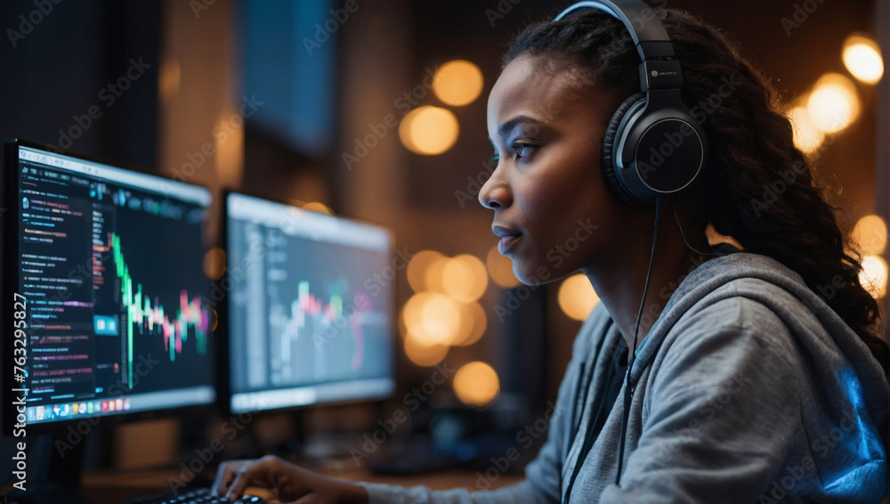 Professional black female programmer, headphones on, works on desktop ...