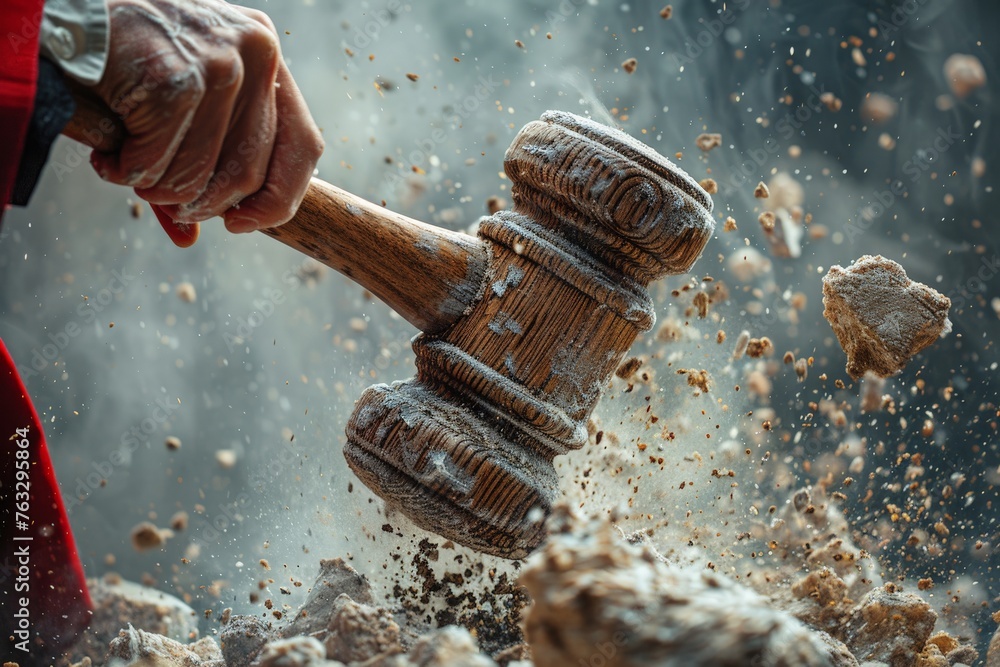 Capturing the moment of impact as a judge's gavel explodes, symbolizing ...