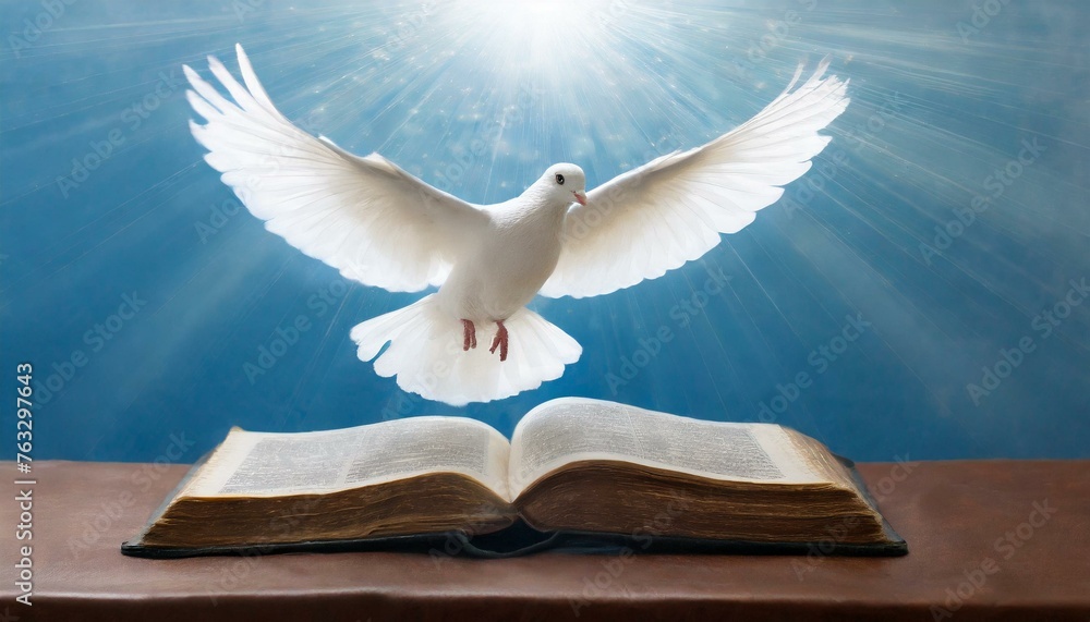 Holy Spirit: White Dove with Open Wings Above the Bible. Stock Photo ...