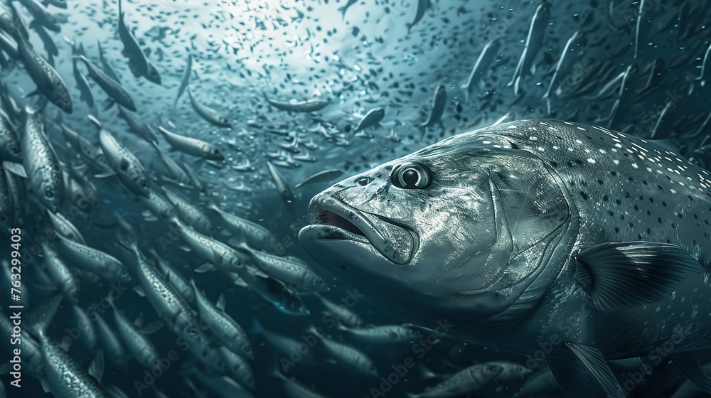 a swarm of small fish surrounding and ambushing a single large fish ...