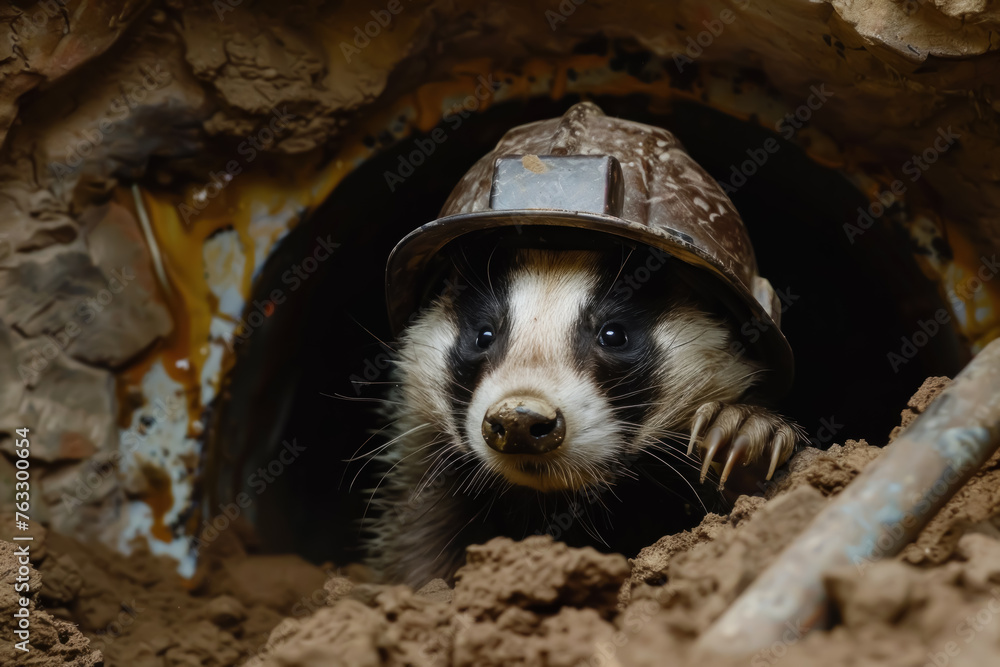 Badger wearing a miner's helmet, digging through a tunnel, representing ...