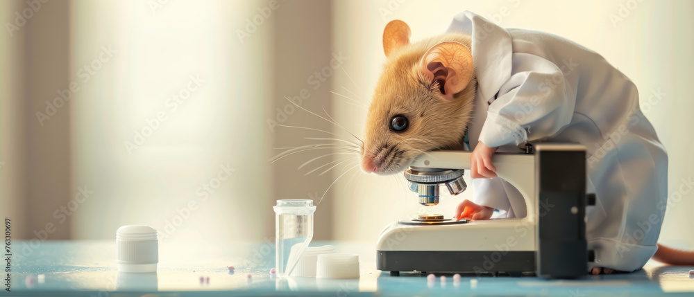 Mouse dressed in a lab coat, peering through a microscope, acting as a ...