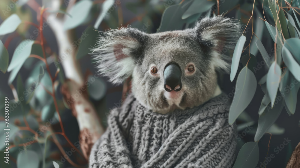 Koala in a cozy, oversized knit sweater, against a backdrop of ...