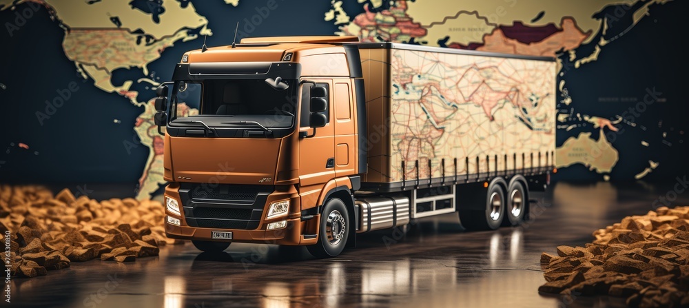 Truck model transporting goods across international borders, set ...
