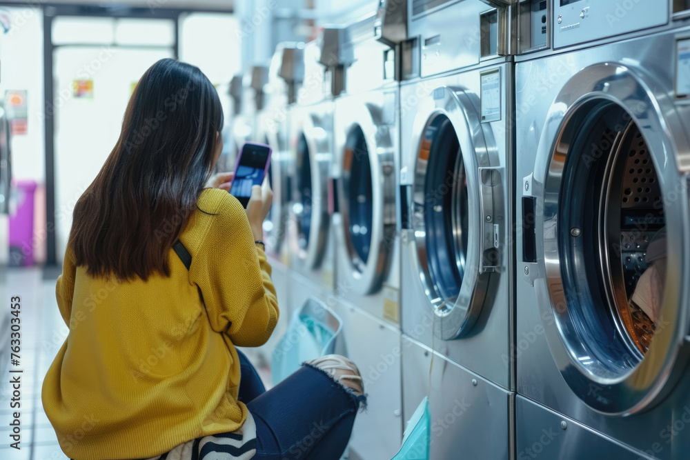 Back view of woman sitting with mobile phone waiting to do laundry in ...
