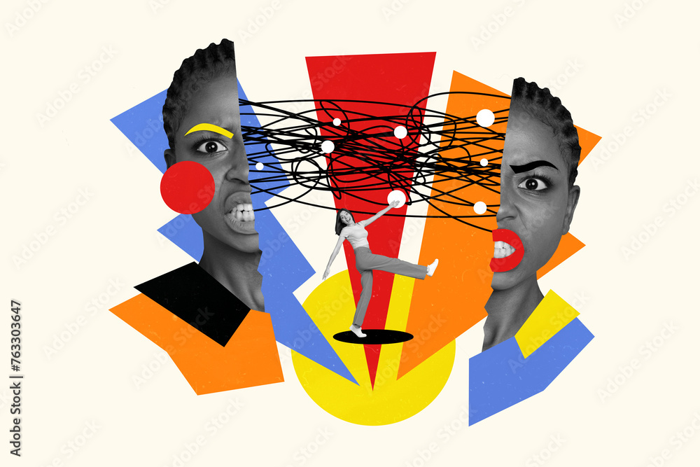 Collage woman face divided separated half grinning teeth irritated ...