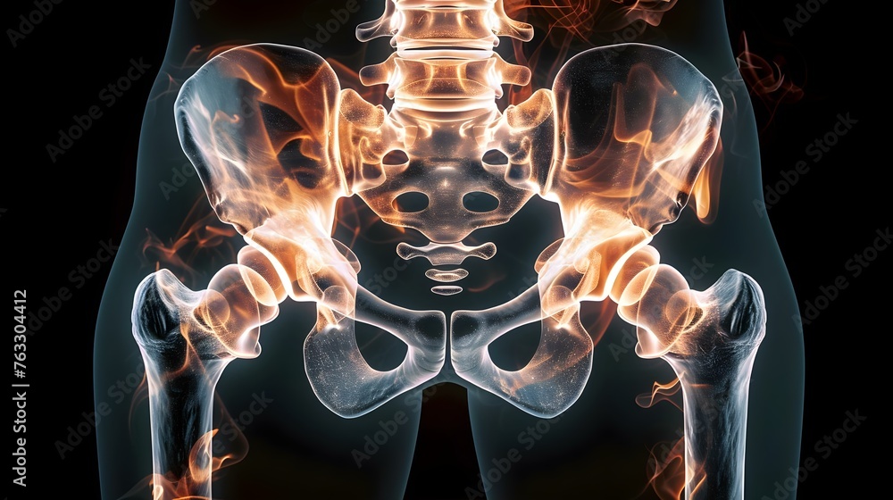 3D rendering of inflamed human hip joint bones illustrating pathology ...
