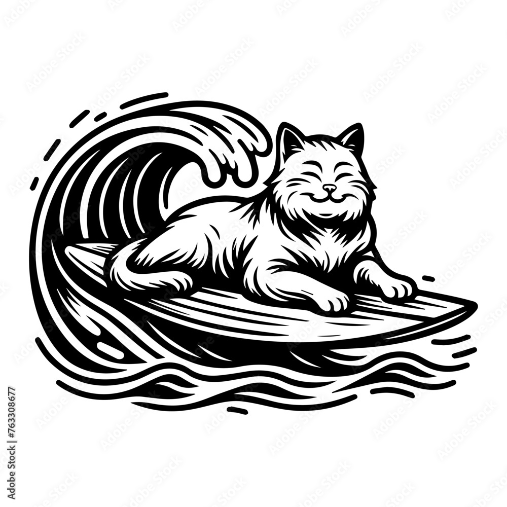 Vetor de Surfing Cat: Whimsical Illustration of Feline Riding Wave. Cat ...